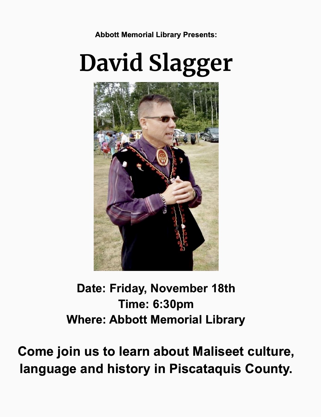 Upcoming Event: David Slagger – Abbott Memorial Library